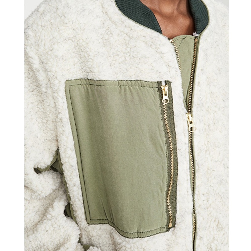 Free People Olive Green And Ivory Sherpa Jacket - Gem